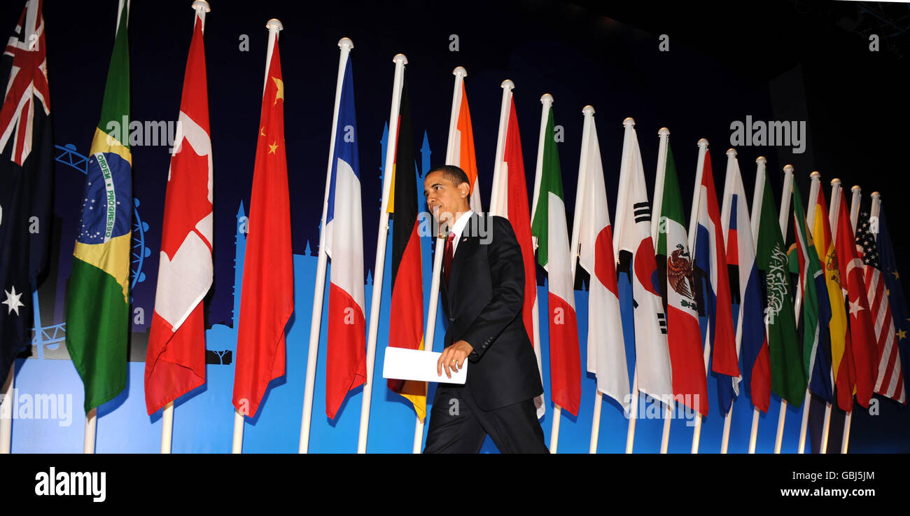 US President Barack Obama gives a speech at the G20 summit in the Excel ...