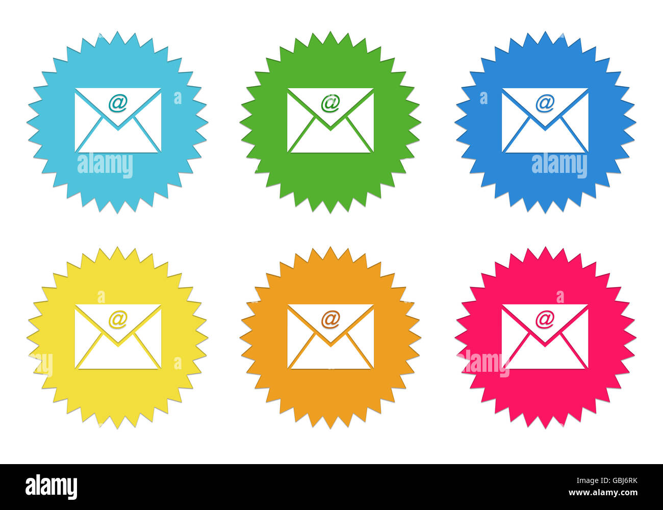 Set of colorful stickers icons with email symbol in blue, green, yellow ...