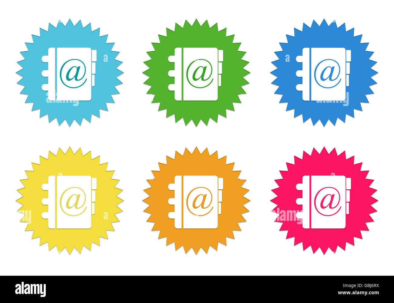 Set of colorful stickers icons with address book symbol in blue, green ...
