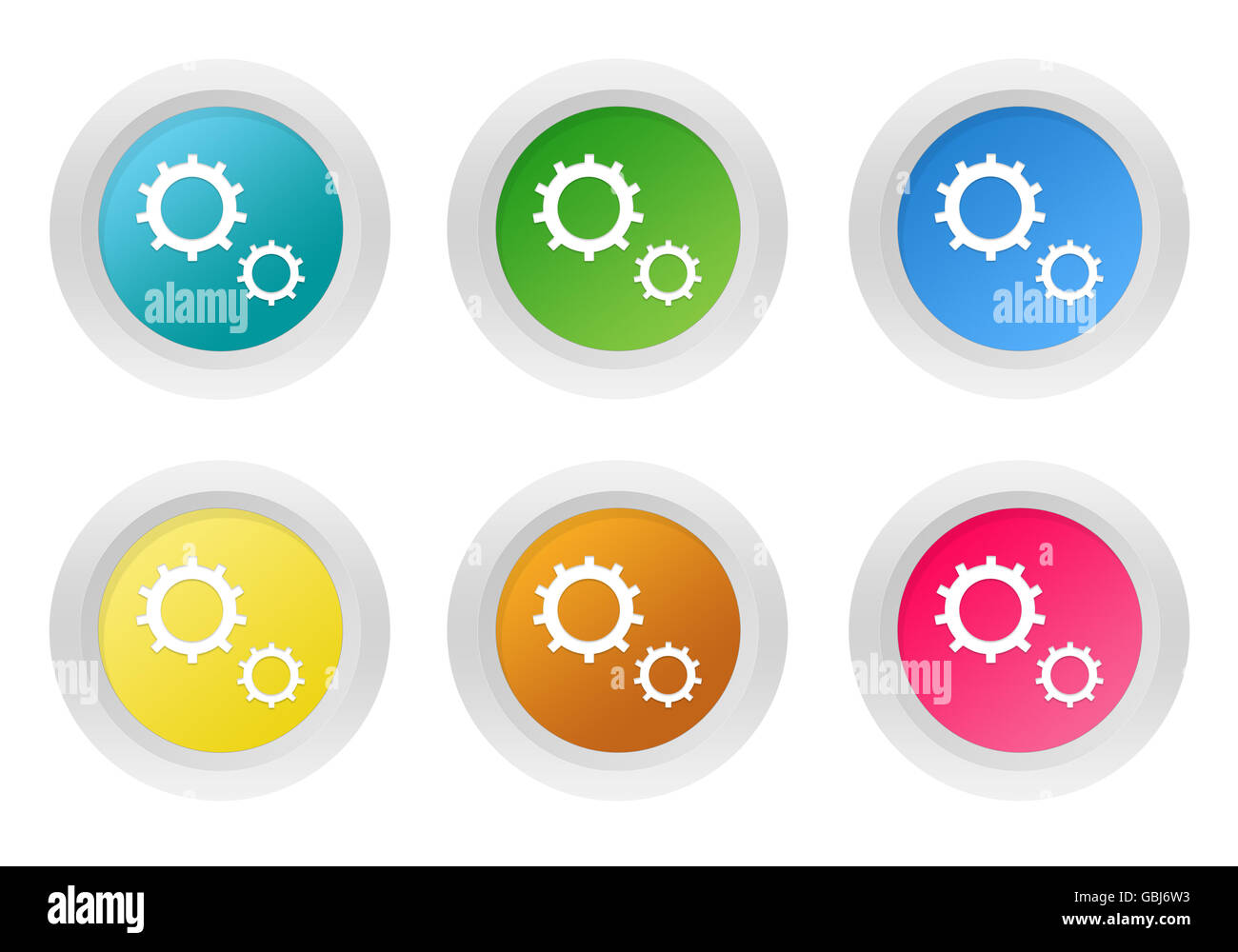Set of rounded buttons with gears symbol in blue, green, yellow, orange ...