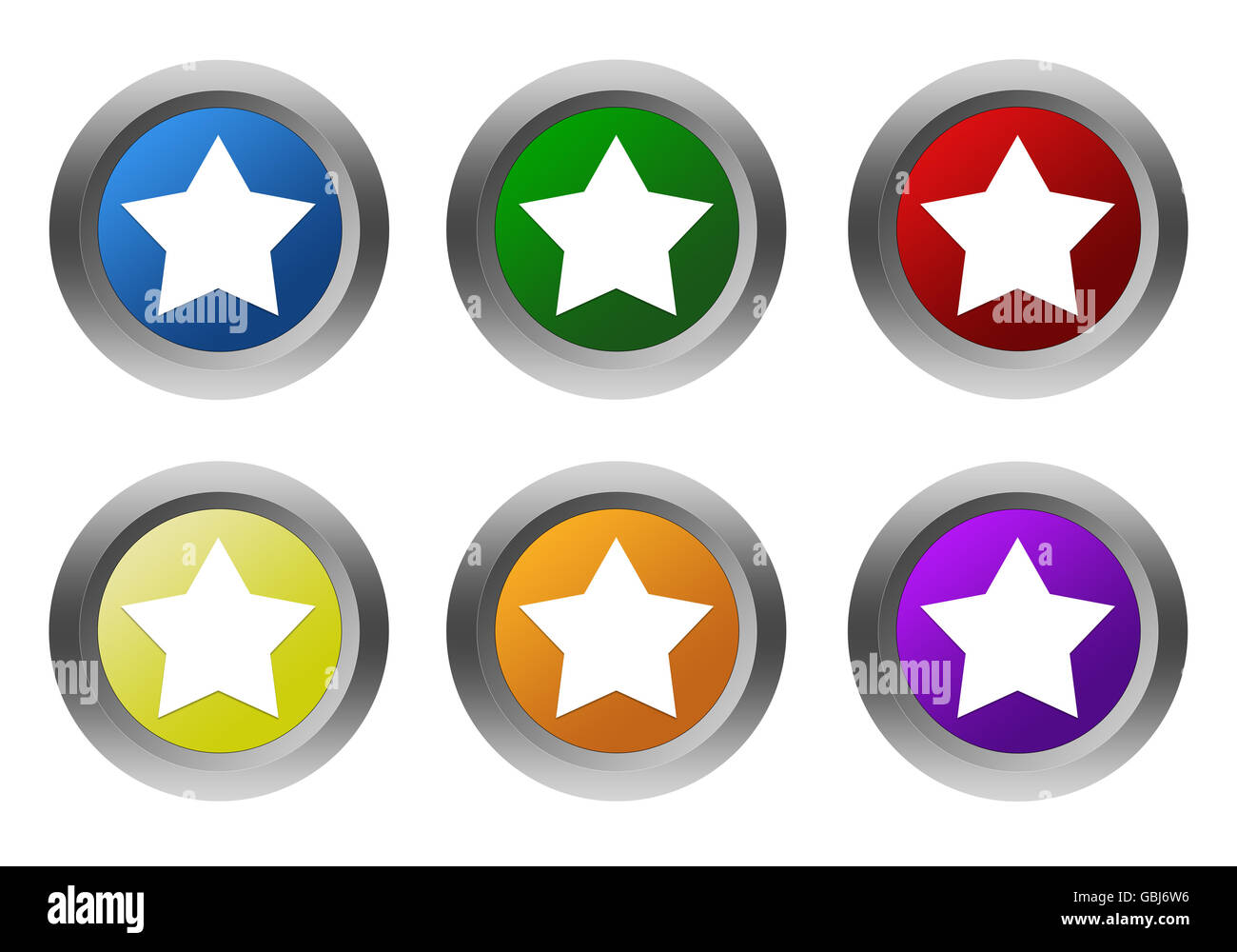 Set of buttons with stars symbol in blue, green, yellow, purple, red ...