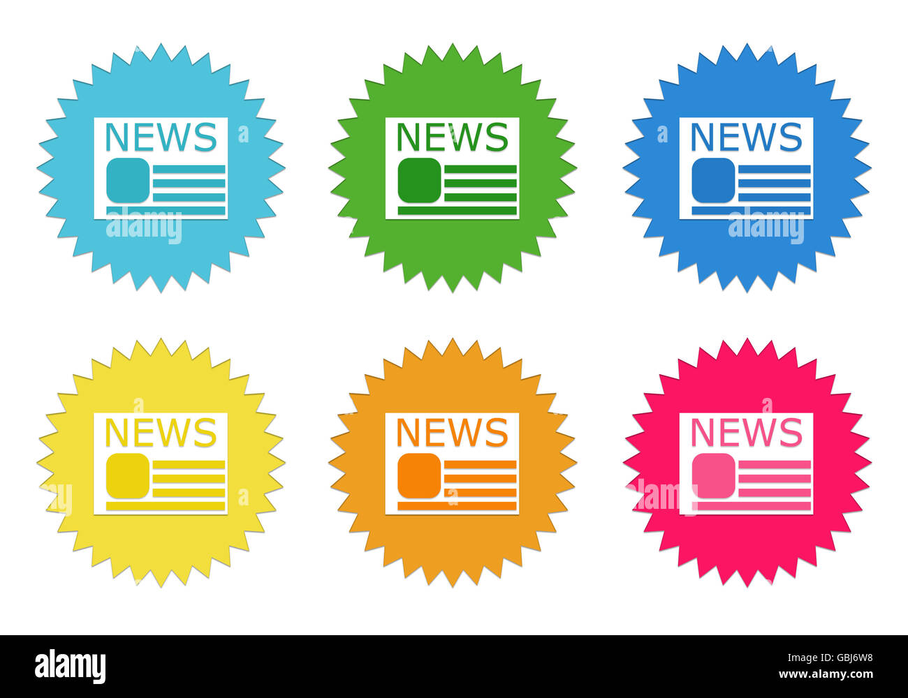 Set of colorful stickers icons with news symbol in blue, green, yellow ...