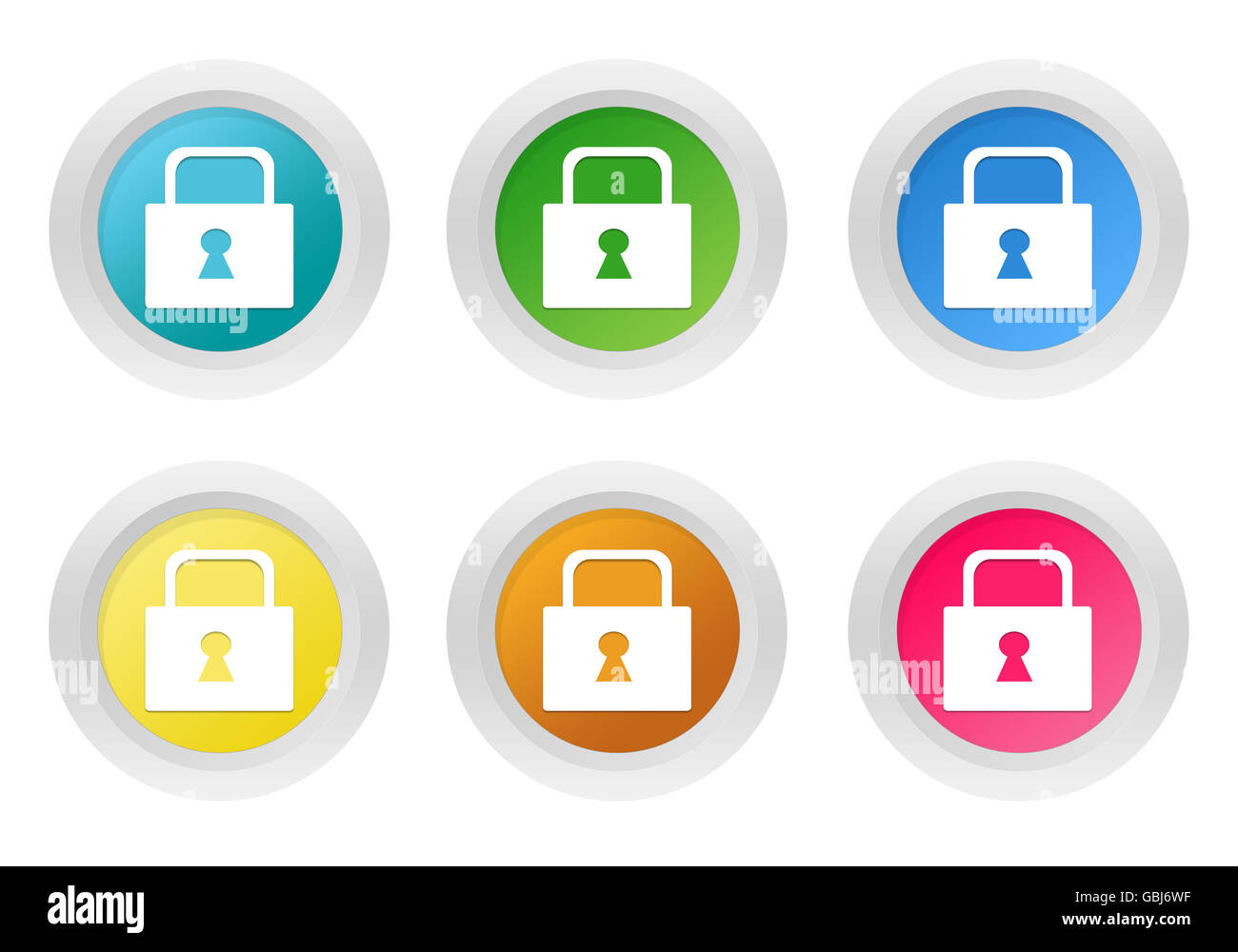 Set of colorful buttons with a lock symbol in blue, green, yellow, pink ...