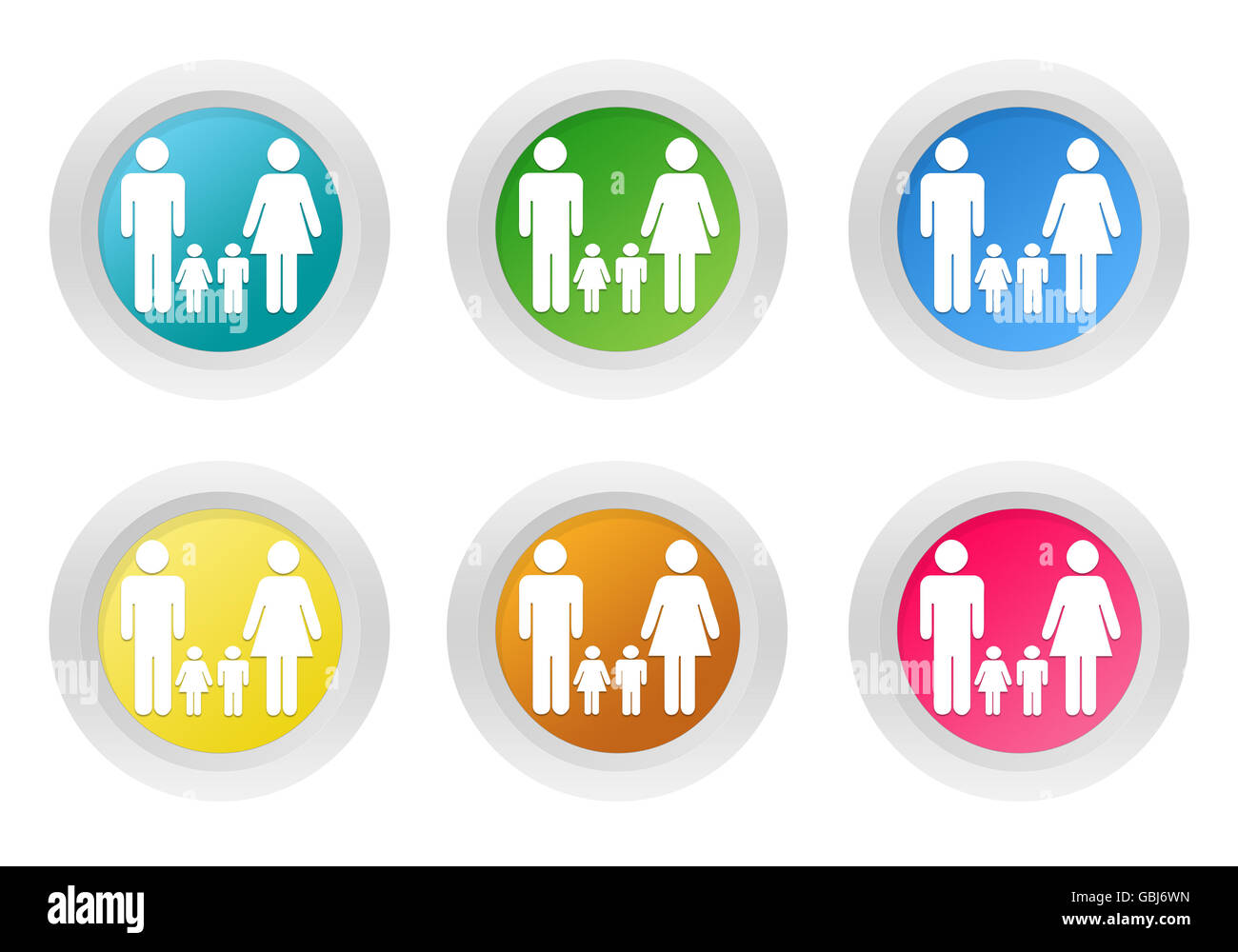 Set of rounded colorful icons with family symbol in blue, green, yellow ...