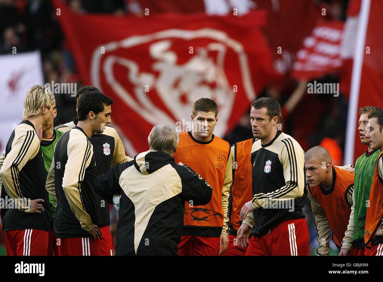 The liverpool team get together during the warm up hi-res stock ...