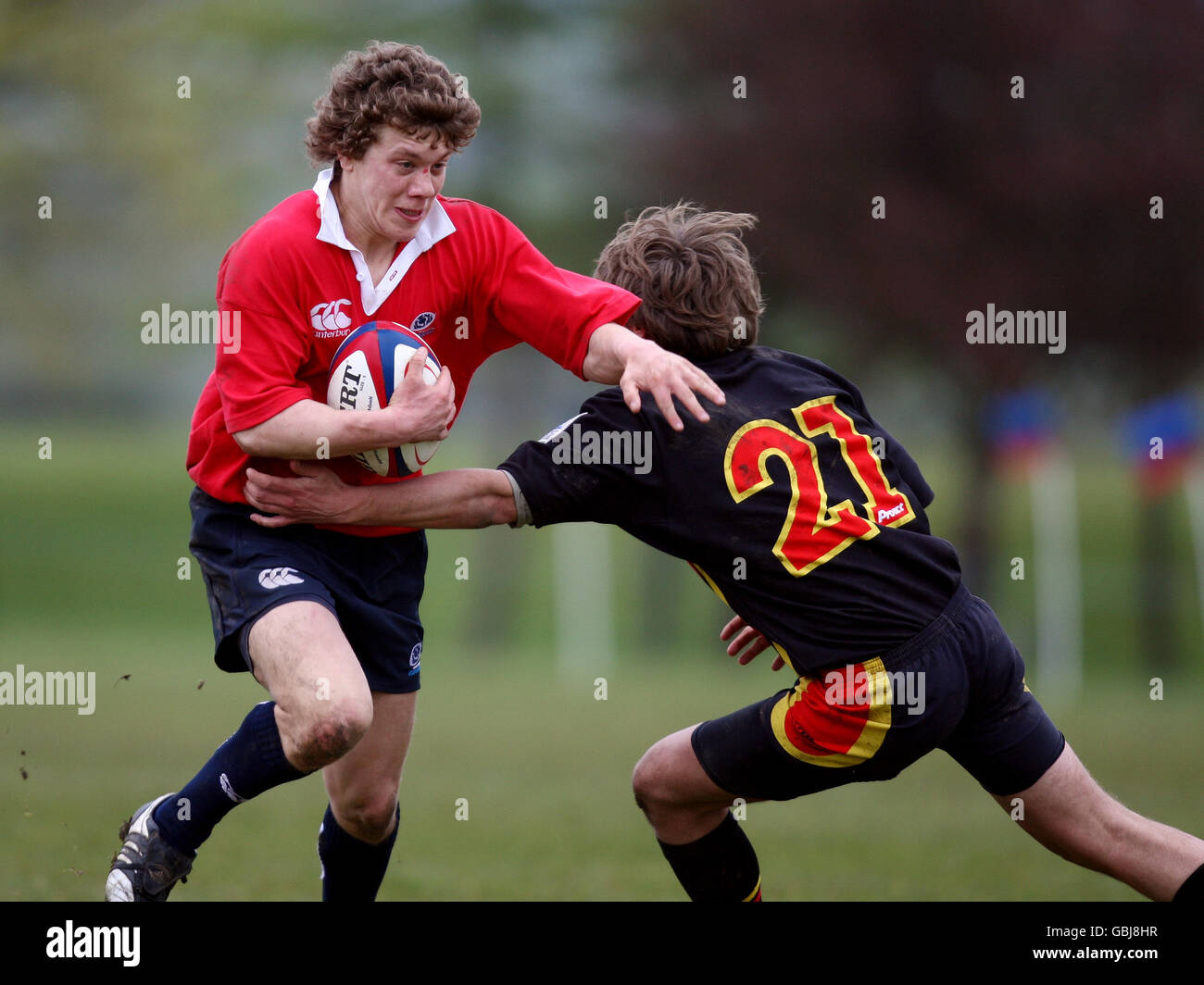 Scotland's Jack Ferguson is tackled during the Millfield International ...