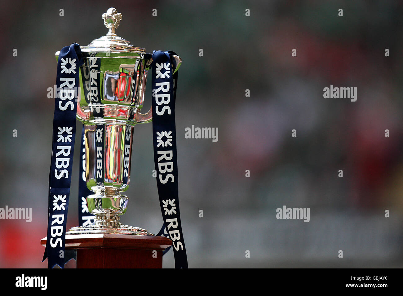 General view of the RBS 6 Nations Trophy on display before kick off ...