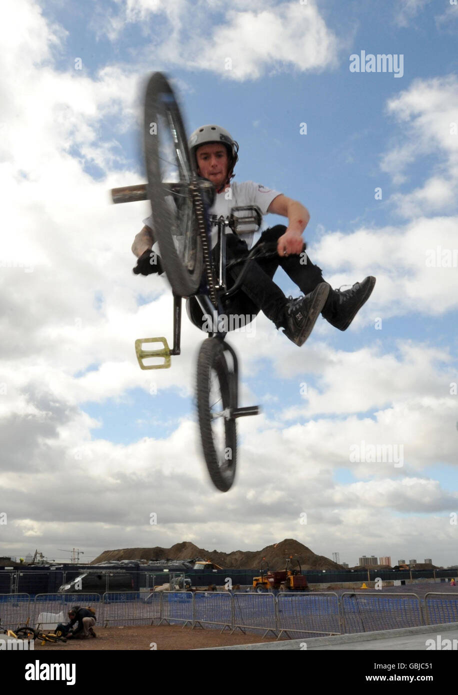 BMX rider Kyle Lake, 19, from Portsmouth, gives an aerobatic display at ...