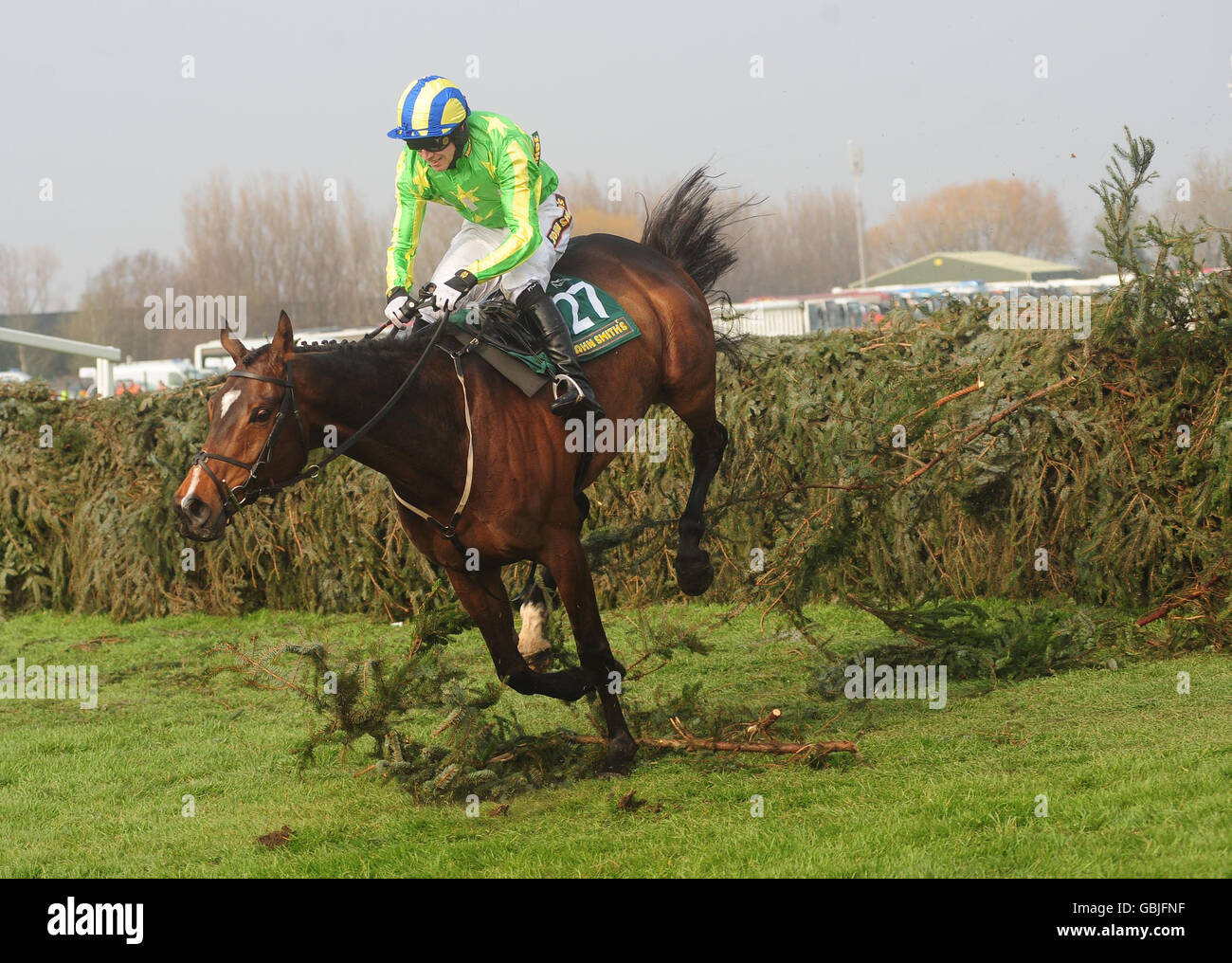 Irish Raptor ridden by Paddy Brennan (green) clears the Chair on his ...