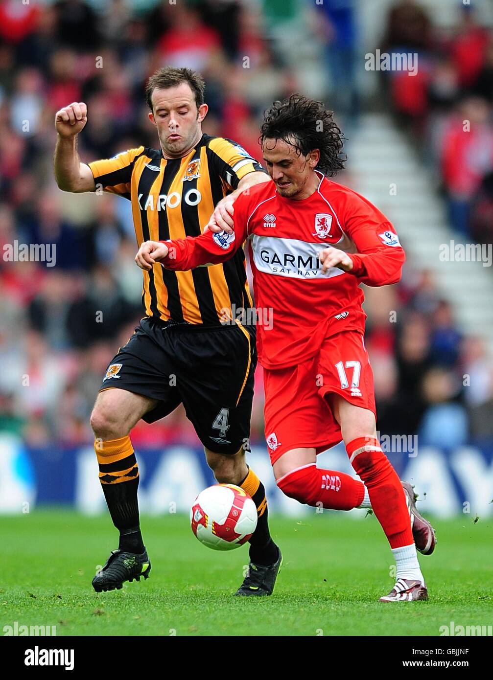 Middlesbrough's Tuncay Sanli (right) and Hull City's Ian Ashbee battle ...