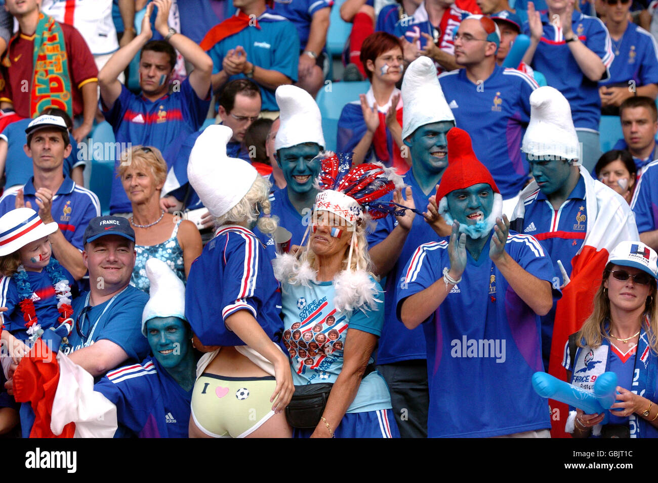 France fans dressed as smurfs prior to the game hi-res stock ...