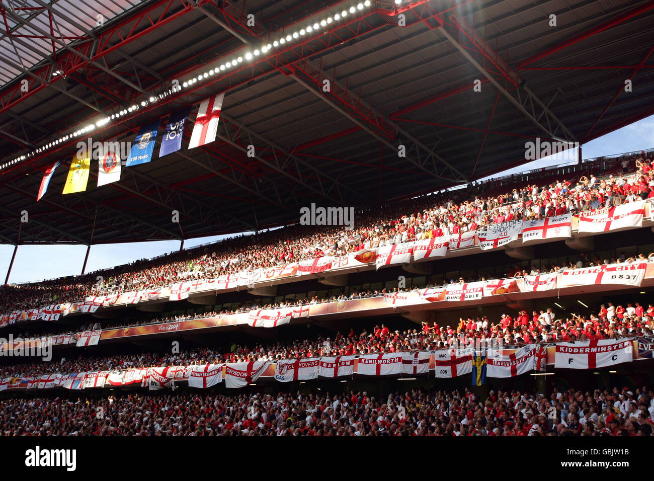 Football euro 2004 general view stand flags crowd fans hi-res stock ...