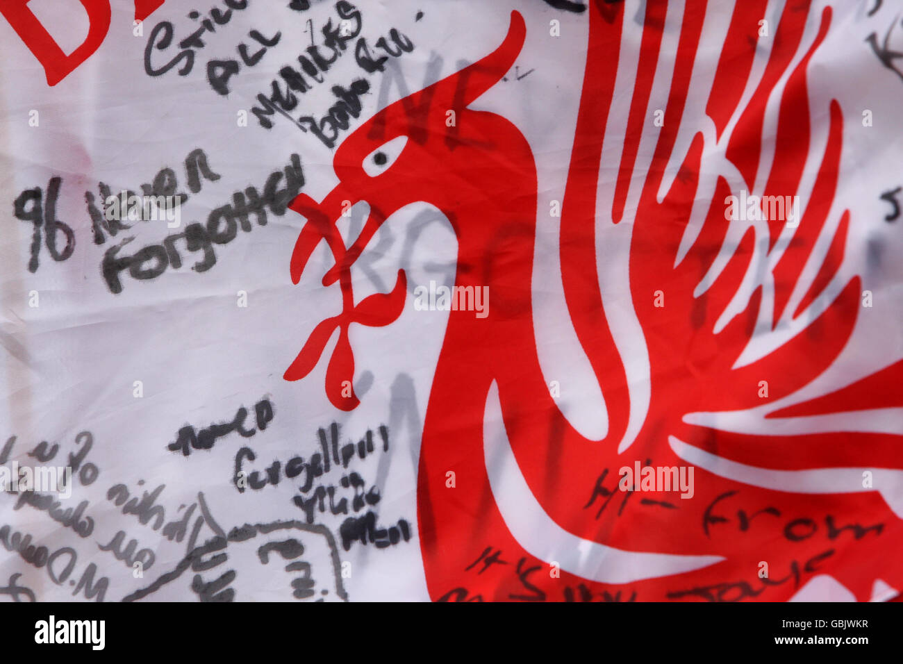 A flag on the Shankly Gates before the official memorial service at ...