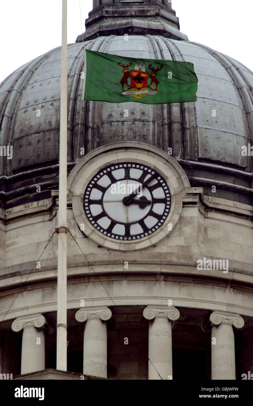 The clock on the Nottingham Council House shows six minutes past three ...