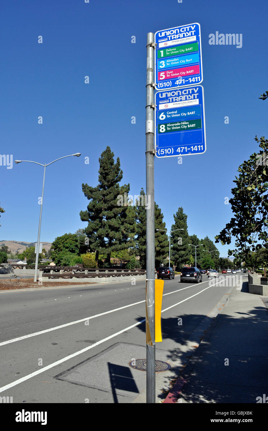 Union City Transit bus stop sign, California, USA Stock Photo - Alamy