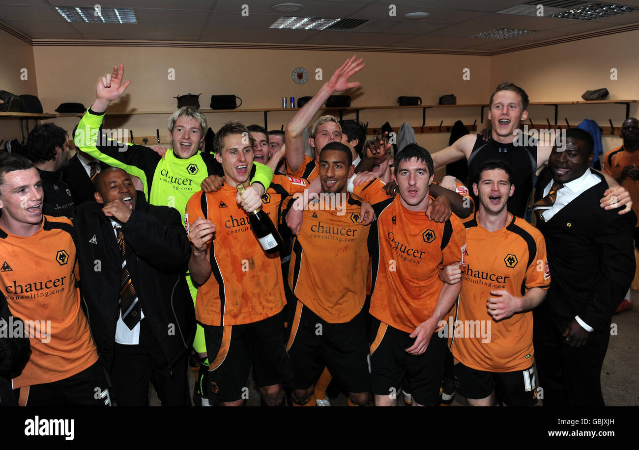 Wolverhampton Wanderers players celebrate their promotion following the ...