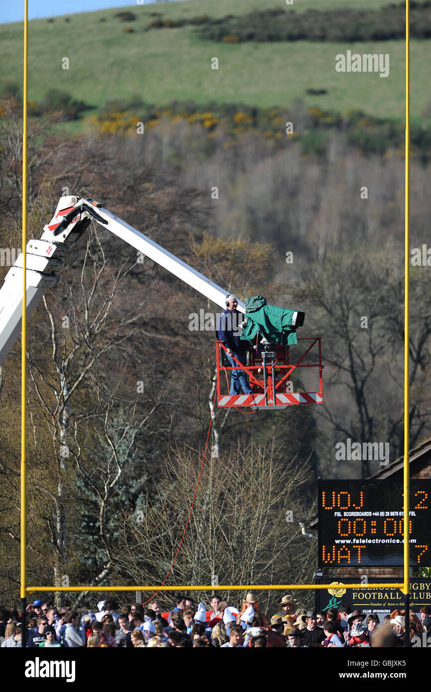 general view of a TV camera on a crane behind the goal post at the ...