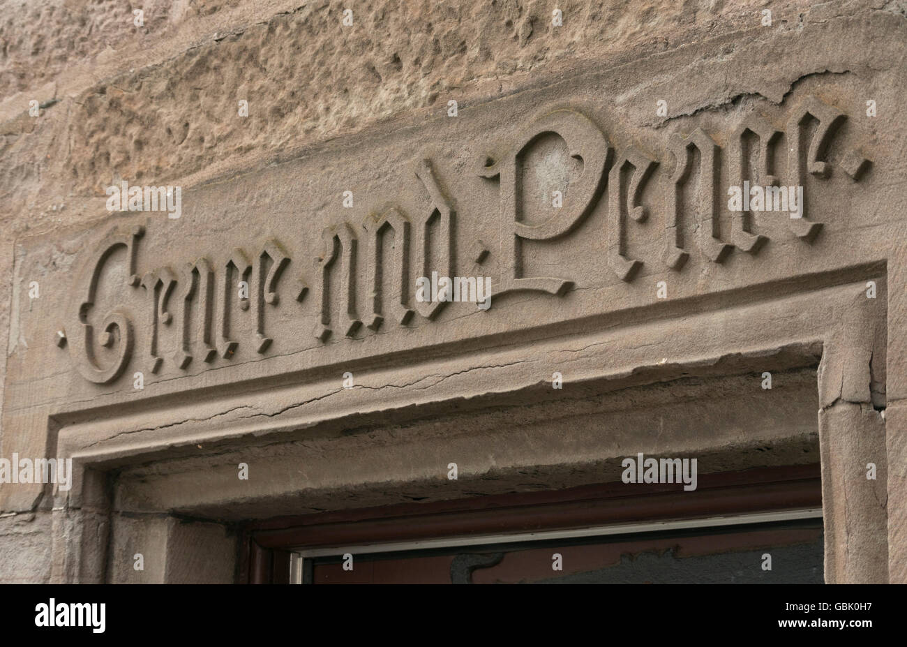 Motto of Glovers' guild,"Grace and Peace", carved over door, The Fair ...