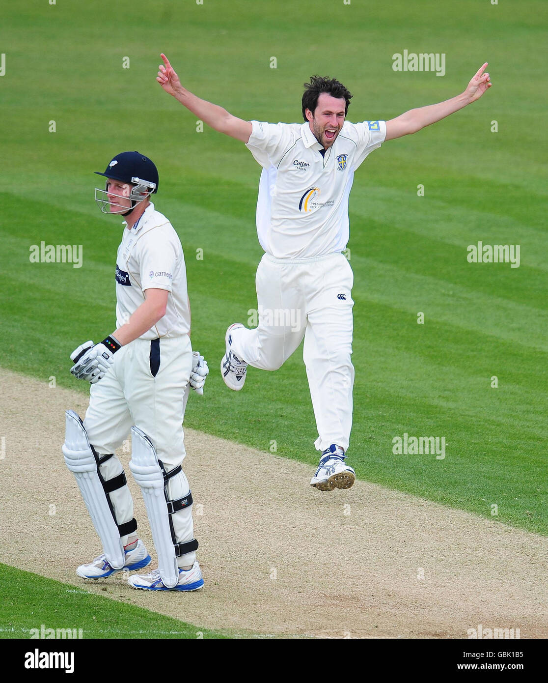 Durham's Graham Onions celebrates the wicket of Yorkshire's Andrew Gale ...