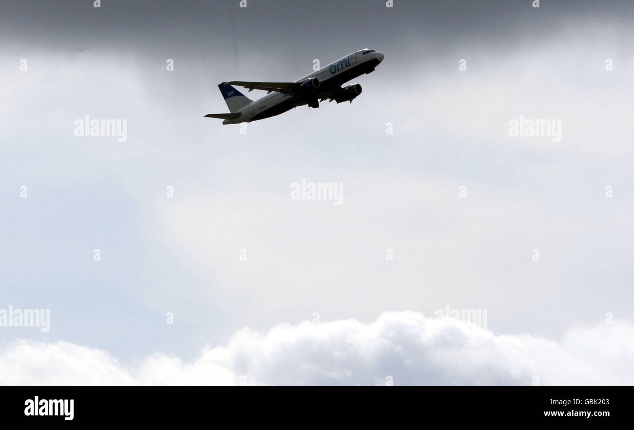 General view of a BMI plane taking off at Heathrow Airport Stock Photo ...