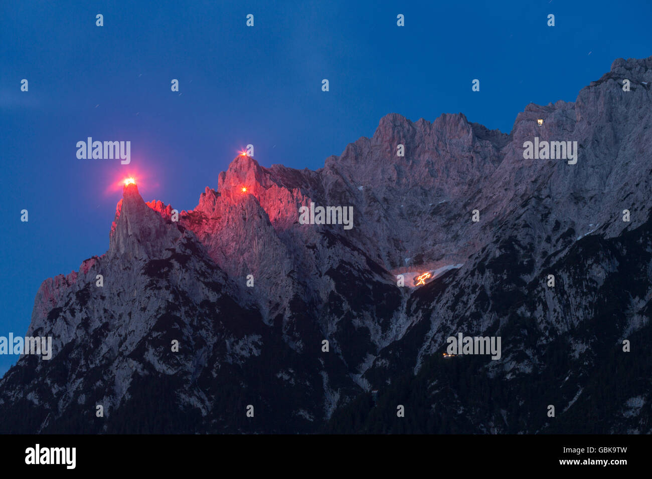 Mountain fire at the Karwendel, bonfire, midsummer fire, view from ...