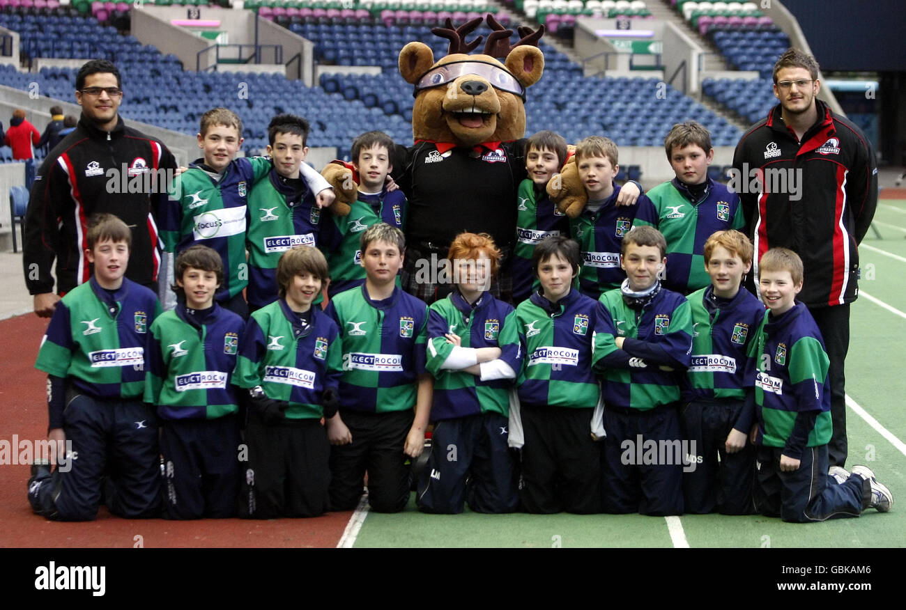 The mascots pose for a photograph with the Edinburgh rugby mascot Stock ...