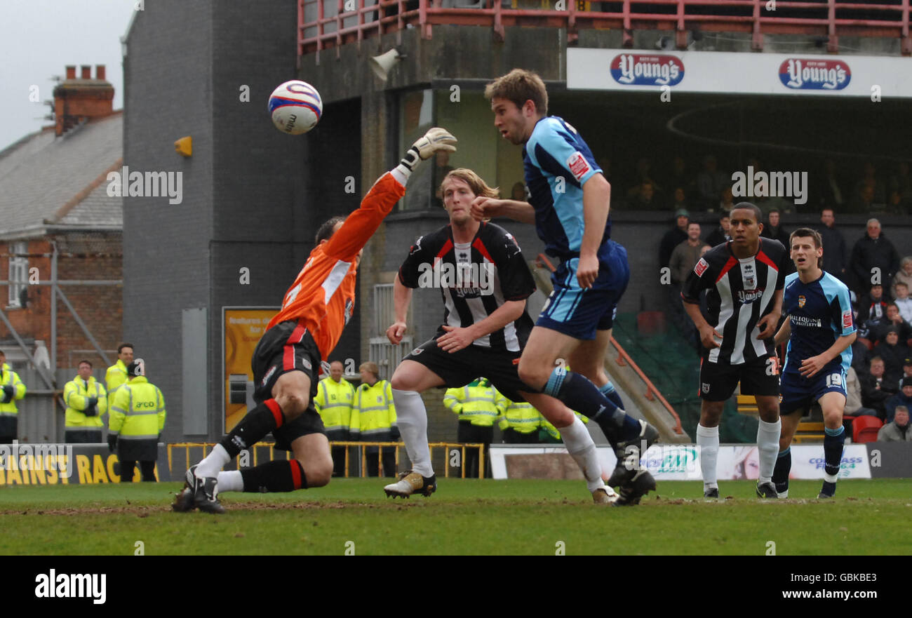 Port Vale's Kyle Perry's shot on goal goes wide as it passes Grimsby ...