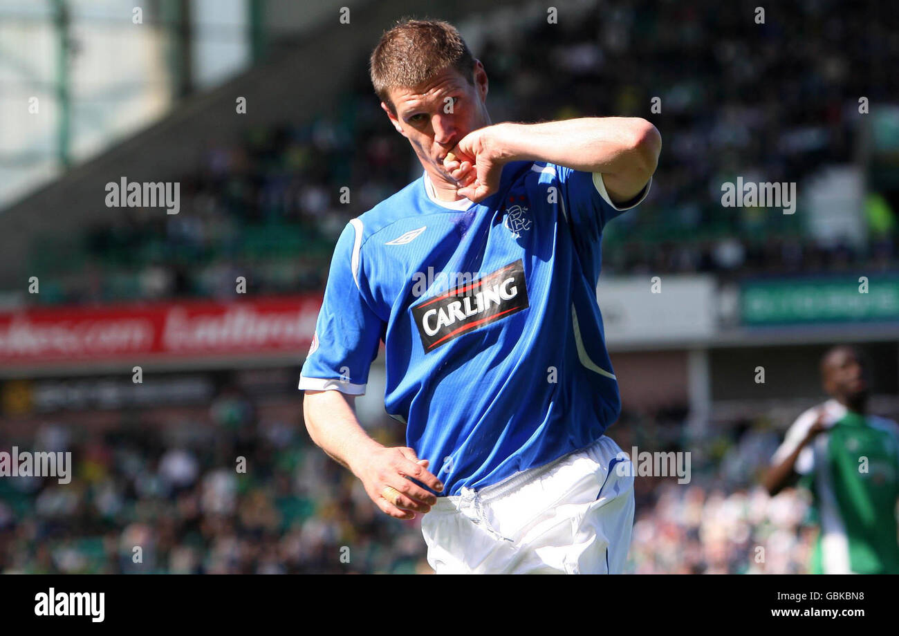 Rangers' Andrius Velicka celebrates his goal during the Clydesdale Bank ...