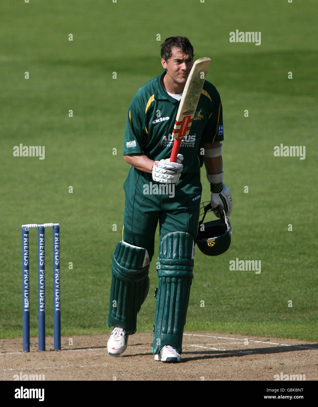 Nottinghamshire Outlaws Mark Wagh raises his bat after reaching a half ...