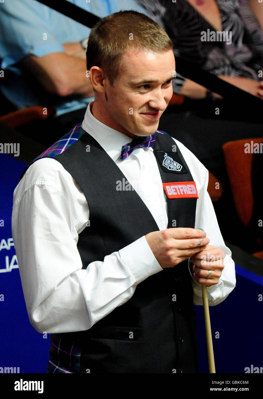 Stephen Hendry smiles in his match against Mark Williams during the ...