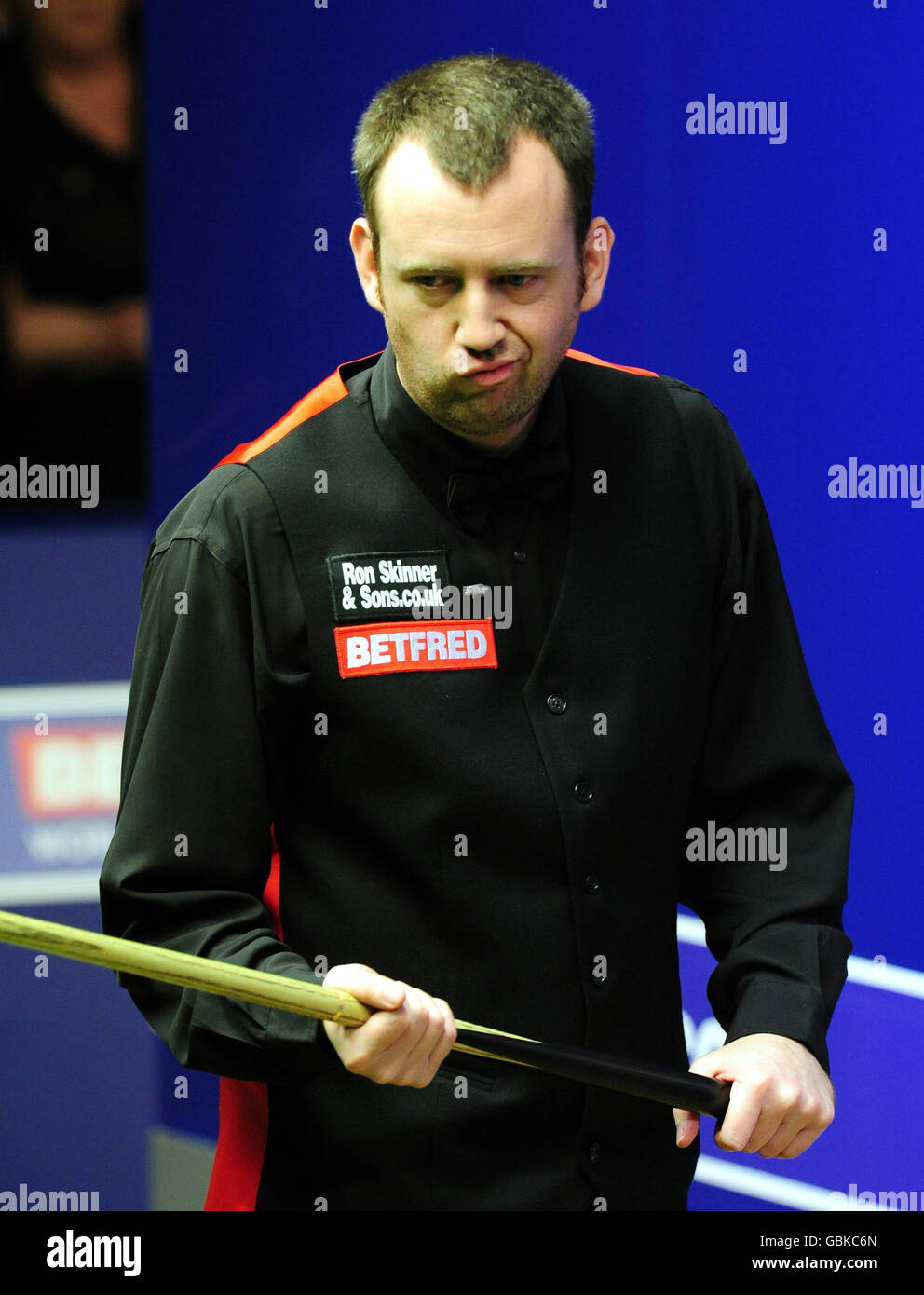 Mark Williams reacts in his match against Stephen Hendry during the ...