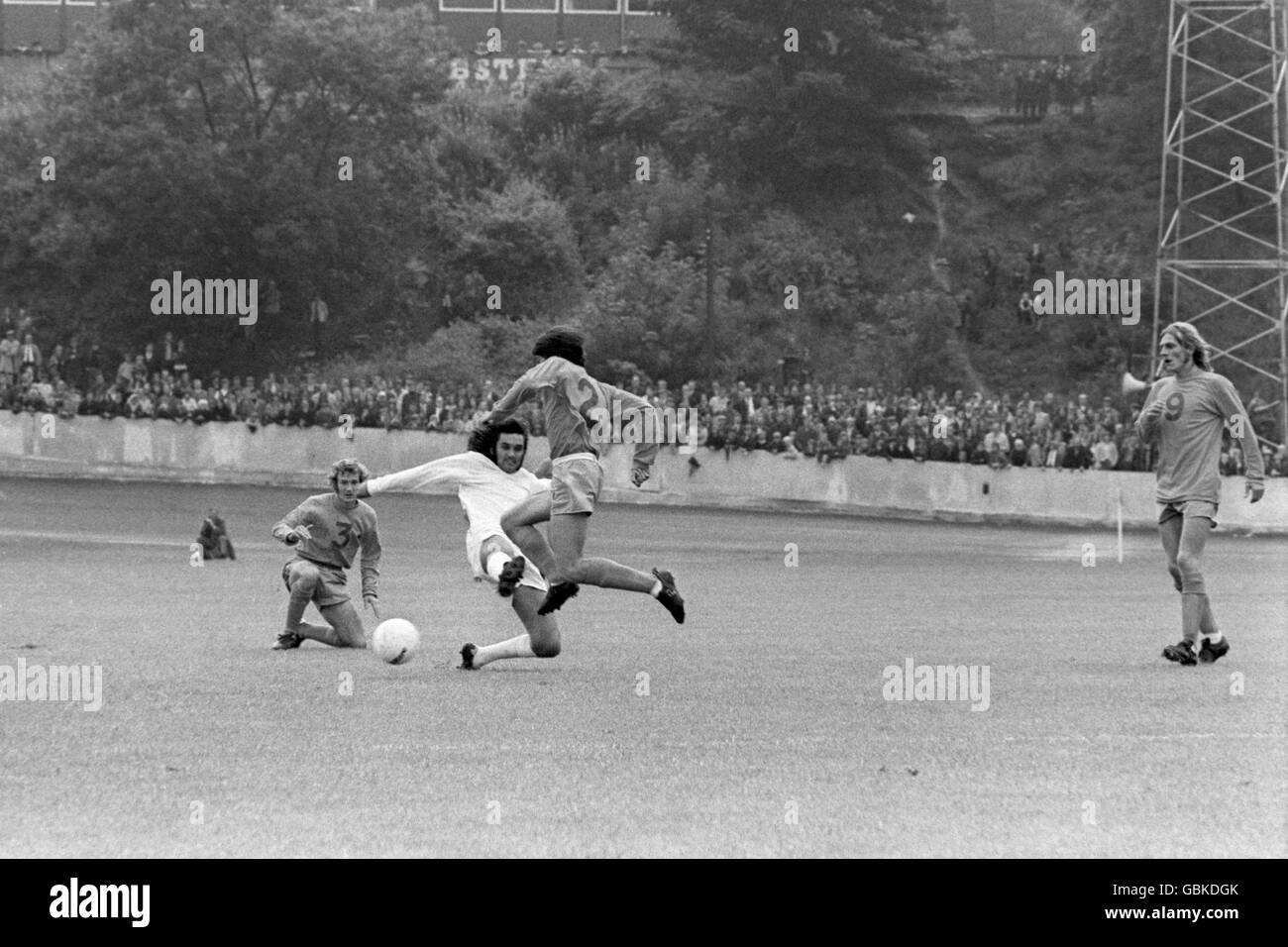 Halifax Town's Andrew Burgin (third l) skips past the challenge of ...