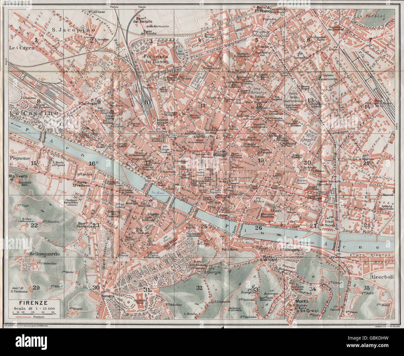 FLORENCE FIRENZE. Vintage town city map plan. Italy, 1924 Stock Photo ...