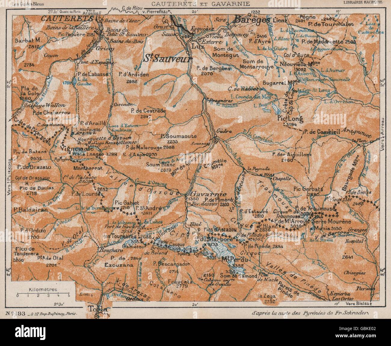 CAUTERETS ET GAVARNIE. Vintage map plan. Hautes-Pyrénées, 1933 Stock ...