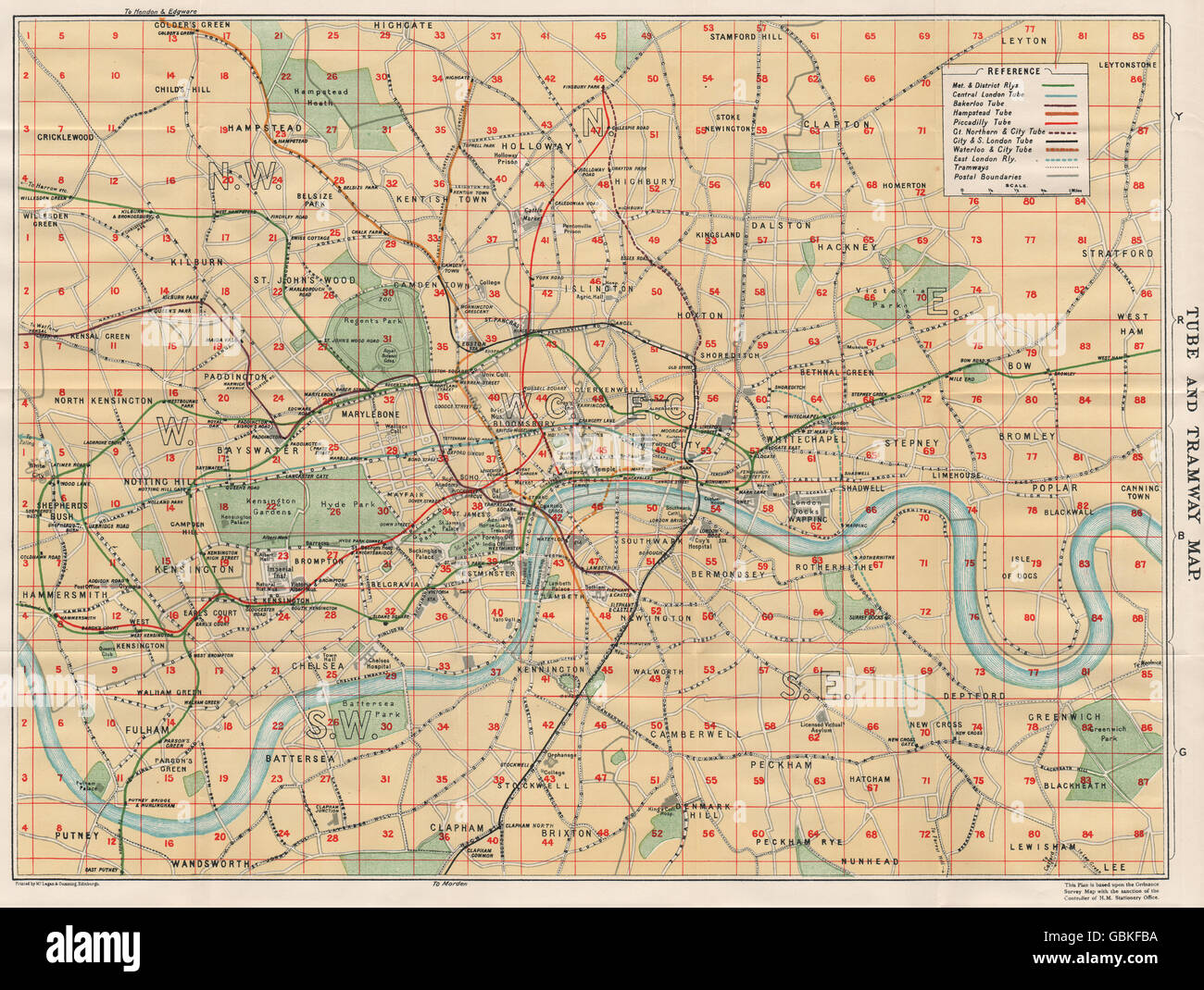 LONDON TUBE & TRAMWAY MAP. Underground. Postal districts. Vintage map ...
