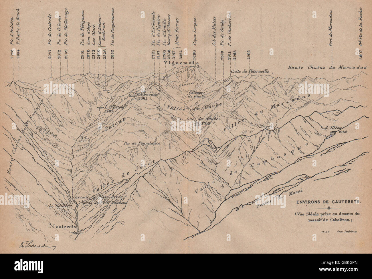 VINTAGE PYRENEES PANORAMA.Cabaliros Massif to Cauterets.Hautes-Pyrénées ...