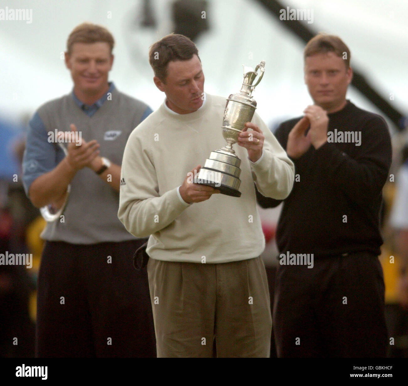 USA's Todd Hamilton looks at the claret jug trophy after winning the ...