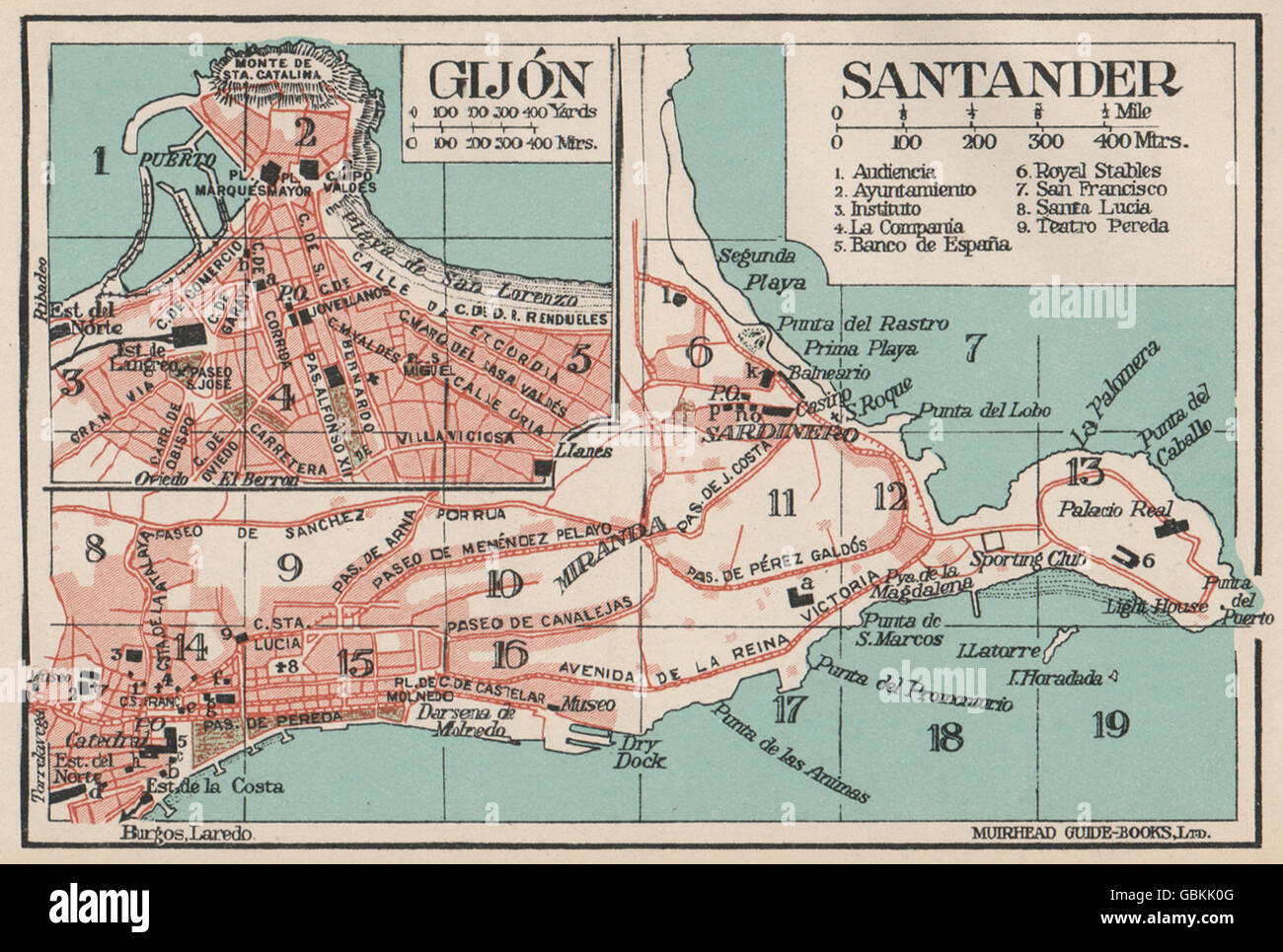SANTANDER & GIJÓN GIJON. Vintage town city map plan. Spain, 1930 Stock ...