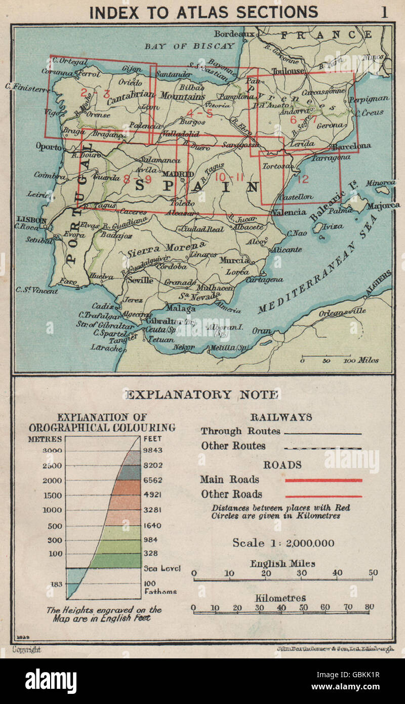 SPAIN INDEX MAP. Vintage map plan, 1930 Stock Photo - Alamy