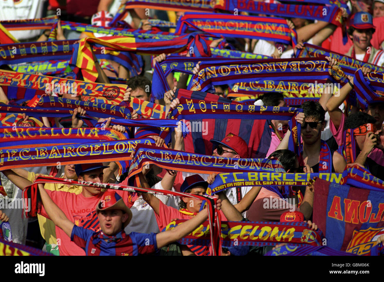 Barcelona fans cheer on their team in the stands at Wembley Stadium ...