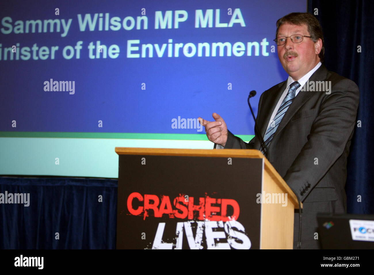 Environment Minister Sammy Wilson speaks during the launch of a new ...
