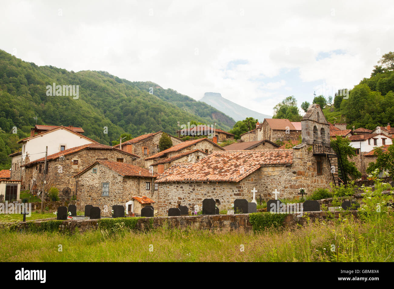 View of the landscape around the medieval town of Potes in the Picos de ...