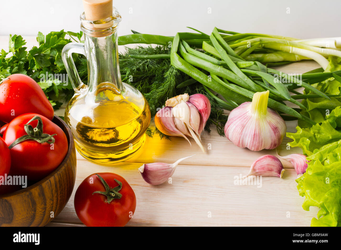 Fresh summer vegetables and olive oil. Ripe vegetables. Fresh ...