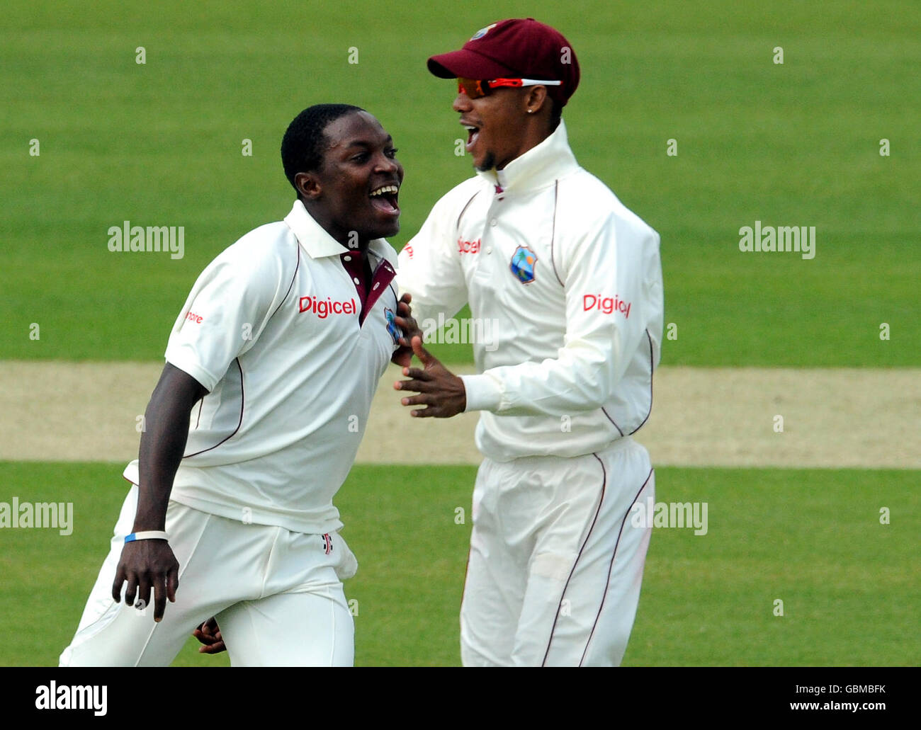Fidel Edwards celebrates after Kevin Pietersen is out for a golden duck ...