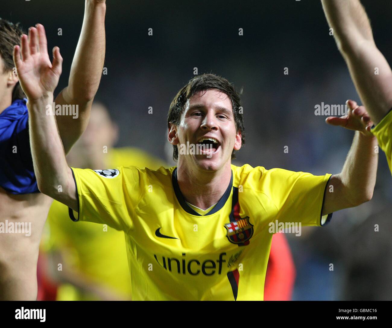 Barcelona's Lionel Messi celebrates victory after the final whistle ...