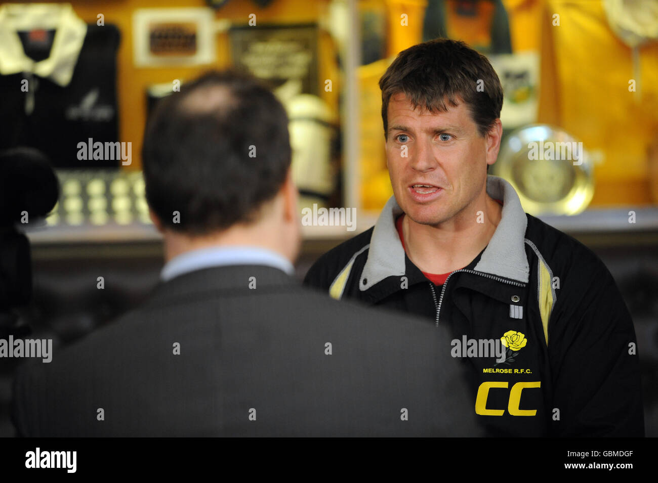Melrose coach Craig Chalmers is interviewed by the media during the ...