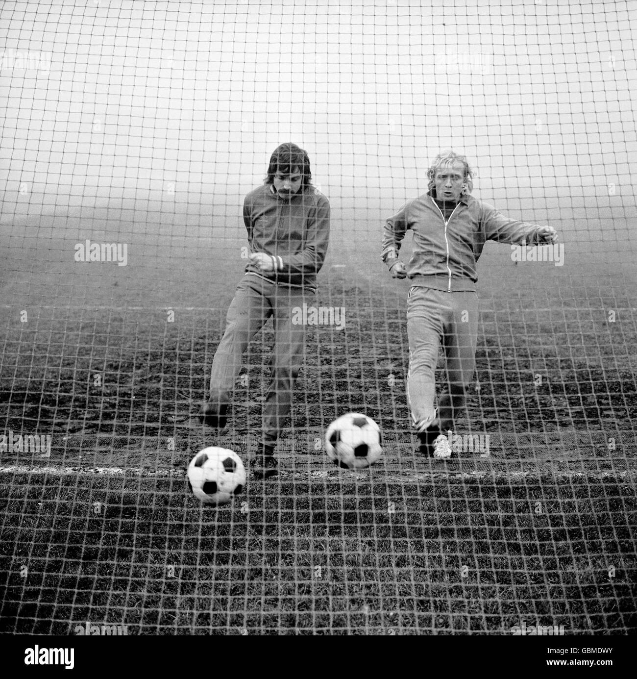 (L-R) Crystal Palace's Don Rogers and Alan Whittle practise their tap ...