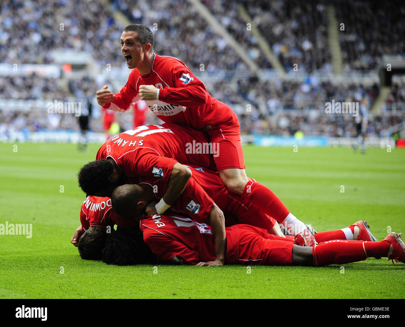Middlesbrough players celebrate after Newcastle United's Habib Beye ...