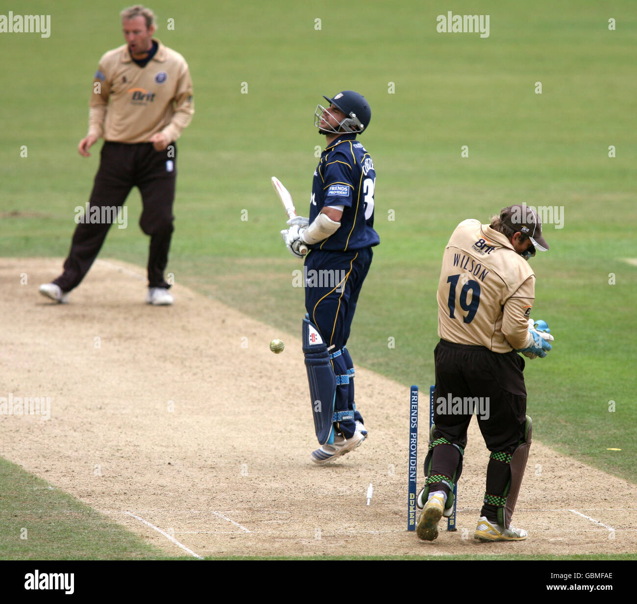 Surrey's Chris Schofield bowls Durham's Kyle Coetzer for 61 ...