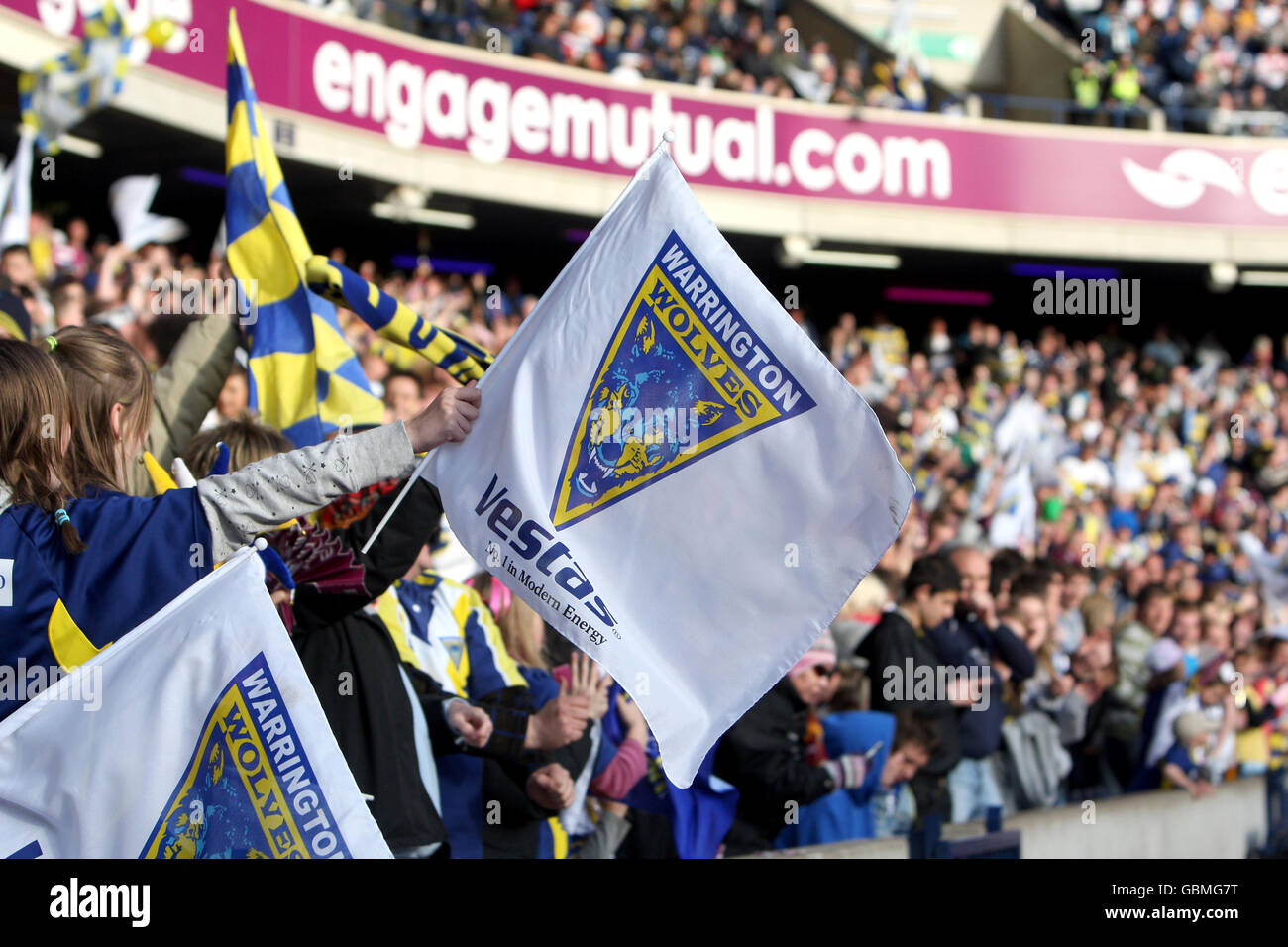 Warrington wolves fans wave flags in stands hi-res stock photography ...